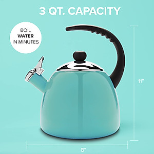 Farberware Dome Tea Kettle, Whistling Teapot, Stovetops Friendly, Porcelain Enamel on Carbon Steel, BPA-Free, Rust-Proof, Cool Handle, 3 qt, 12 Cup Capacity, Aqua