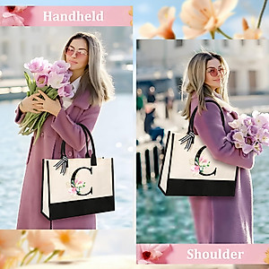 AYGE Personalized Initial Canvas Beach Bag Cosmetic Bags, Monogrammed Gifts for Women, Tote Bag, Makeup Bag, Birthday Gifts for Sister Mom Teacher Bridesmaid (C)