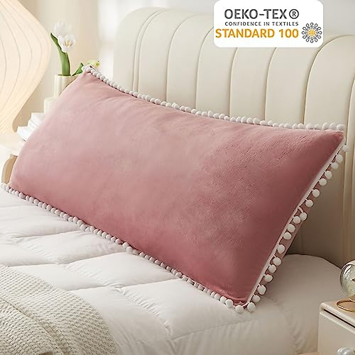 LIFEREVO Pom-poms Velvet Bed Body Pillow Cover, Long Fuzzy Body Pillow Pillowcase Cover 20x54, Boho Tassel Microfiber Full Bed Pillowcase for Kids Girls Teen Women Adults, Zipper Closure, Old Pink