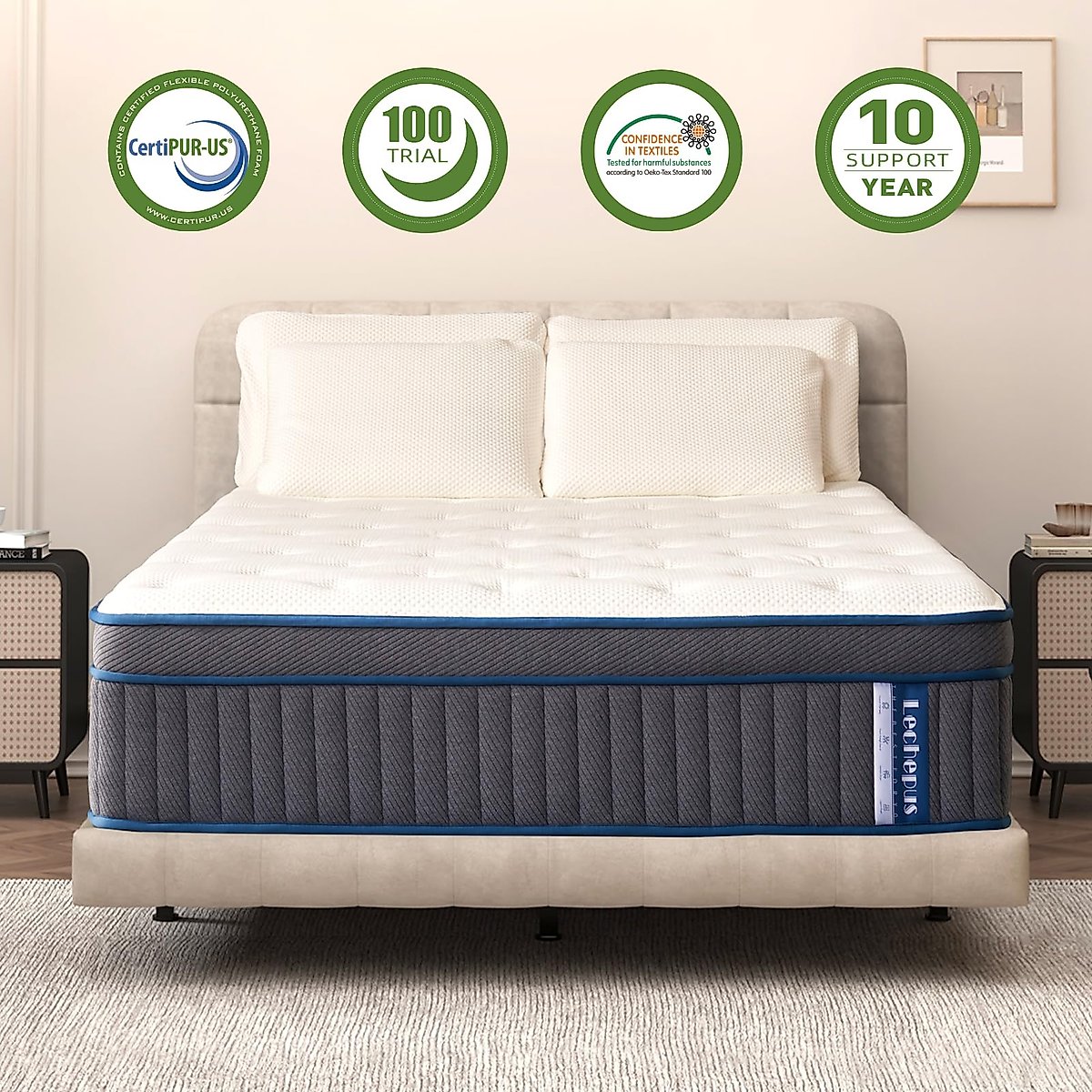 Lechepus TwinXL Mattress, 14Inch Gel Memory Foam with 7-Zone Pocket Spring Mattress TwinXL Size, Cooling Sleep and Pressure Relief, Medium Plush Hybrid Mattresses in Box for Motion Isolation