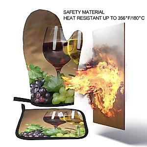 Grape Wine Red and White Oven Mitts and Pot Holders Sets,Heat Resistant Non-Slip Cooking Gloves with Cotton Lining for Kitchen Baking Grilling BBQ