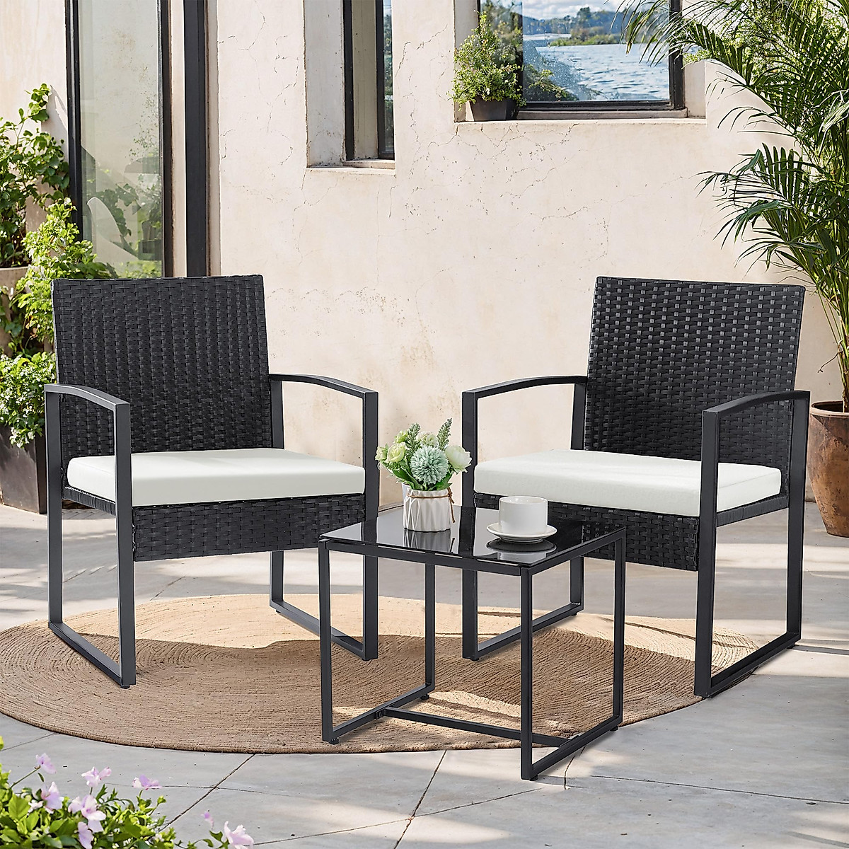 Homall Balcony 3 Piece Furniture Table Garden Backyard Outdoor Patio Use Porch Chairs Cushioned PE Wicker Bistro Set Rattan (White)