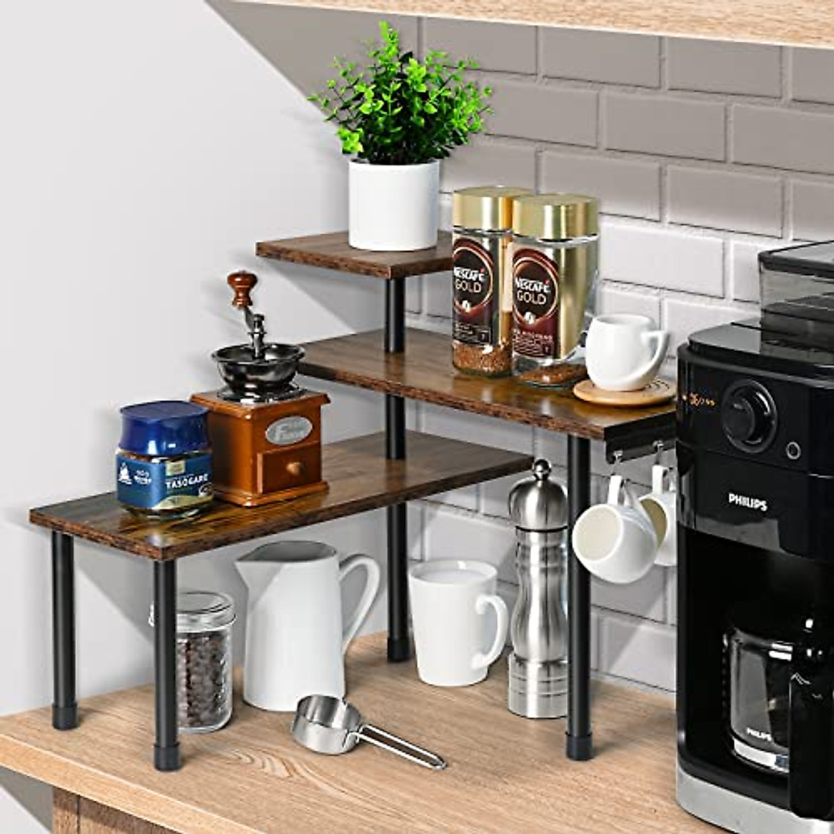Ollieroo Kitchen Counter Shelf Organizer, 3 Tier Corner Shelf Bathroom Countertop Organizer with Hooks, Space Saving Makeup Organizer Spice Rack Corner Plant Shelf