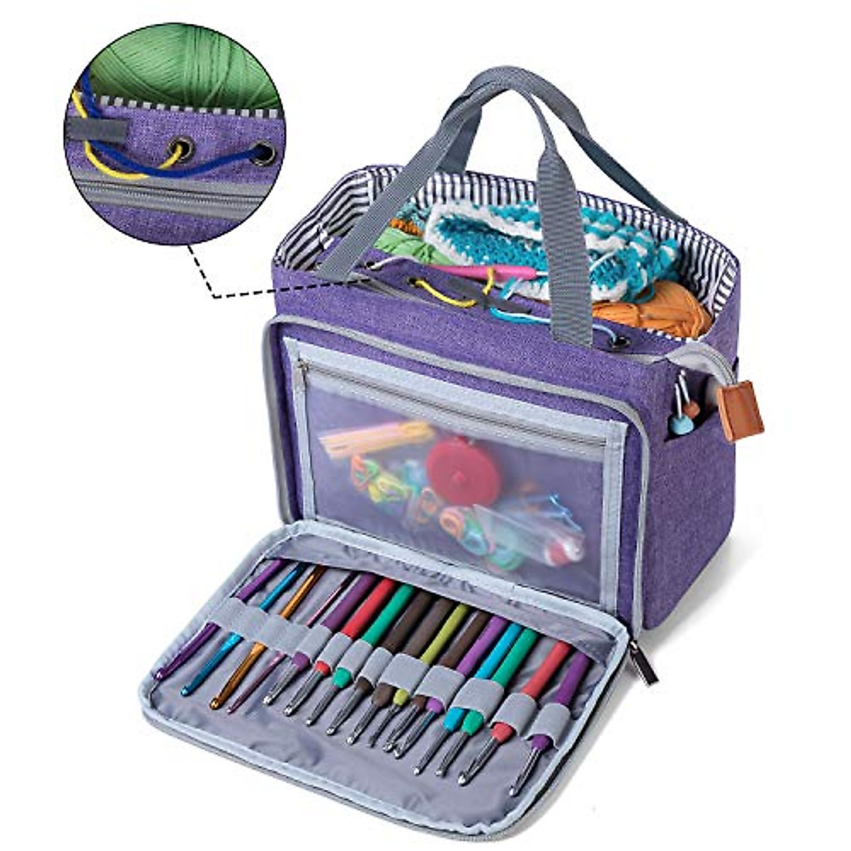 Luxja Crochet Tote Bag, Yarn Storage Bag for Small Unfinished Projects, Crochet Hooks and Other Accessories, Purple