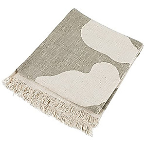 Bloomingville Cotton Slub Botanical Print and Fringe, Tan Blanket Throw