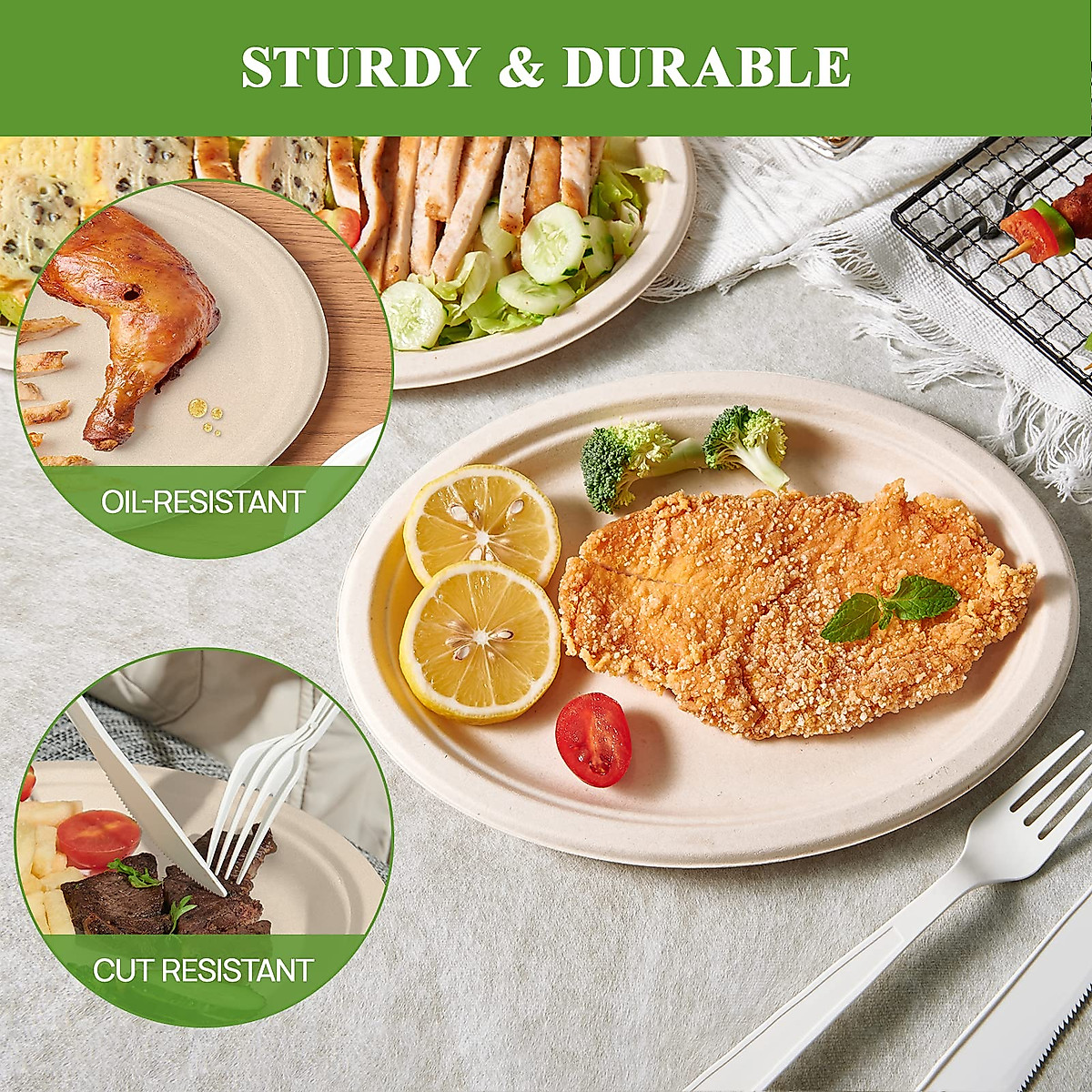 Vplus 100% Compostable Oval Paper Plates 10 inch 125 Pack Super Strong Disposable Paper Plates Natural Biodegradable Eco-Friendly Sugarcane Plates for BBQ, Party, Gathering, and Picnic