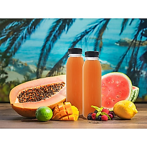 BPFY 30 Pack 12 oz Empty Plastic Juice Bottles with Caps Reusable Clear Beverage Containers with Black Tamper Evident Lids, Brush, Funnel for Juice, Milk, Water, Coffee