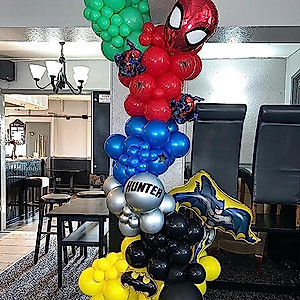 60 Pack Balloons Red Yellow Green Blue Black Party Balloons with Metallic Silver Helium Balloon, Superhero Rainbow Colorful Latex Balloons Set for Kids Birthday Carnival Superhero Themed Decorations