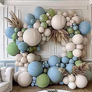 Dusty Blue Green Balloon Garland Double Stuffed Avocado Green Balloons Thick Latex White Sand Balloon Arch Kit Pastel Blue Balloons Kit For Jungle Safari Neutral Birthday Baby Shower Party Deocrations
