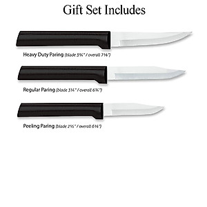 Rada Cutlery Paring Knife Set 3 Knives Blades Stainless Steel Resin Made in The USA, 2-1/2”, 3-1/4”, Black Handle