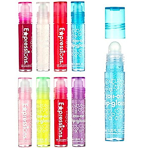 Expressions Kids 8 pcs roll on Glitter lip gloss set, Assorted Flavors .2 Fl oz ea.lip oil gloss liquid lipstick can keep your lips moisturized and plumper for a long time,lip care, MULTI