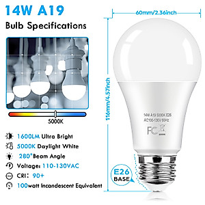 LED Light Bulbs 100 Watt Equivalent 1600 Lumens, A19 14W Super Bright Daylight White 5000K LED Bulbs, Standard E26 Medium Screw Light Bulbs Non-Dimmable, 25000+Hrs Lifespan, No-Flicker, 12-Pack