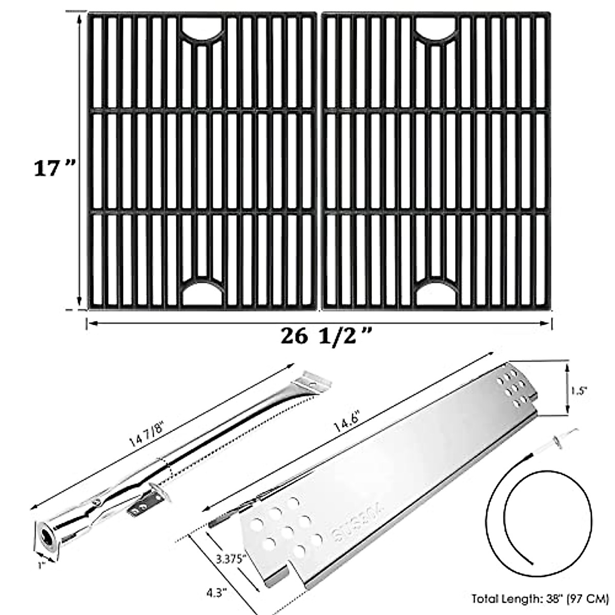 Hisencn 304 Stainless Steel Grill Parts for Home Depot Nexgrill 720-0830H, 5 Burner 720-0888 720-0888N 720-0888S Gas Grill, Grill Burner, Heat Plate, Cooking Grates Parts, 13 x 17