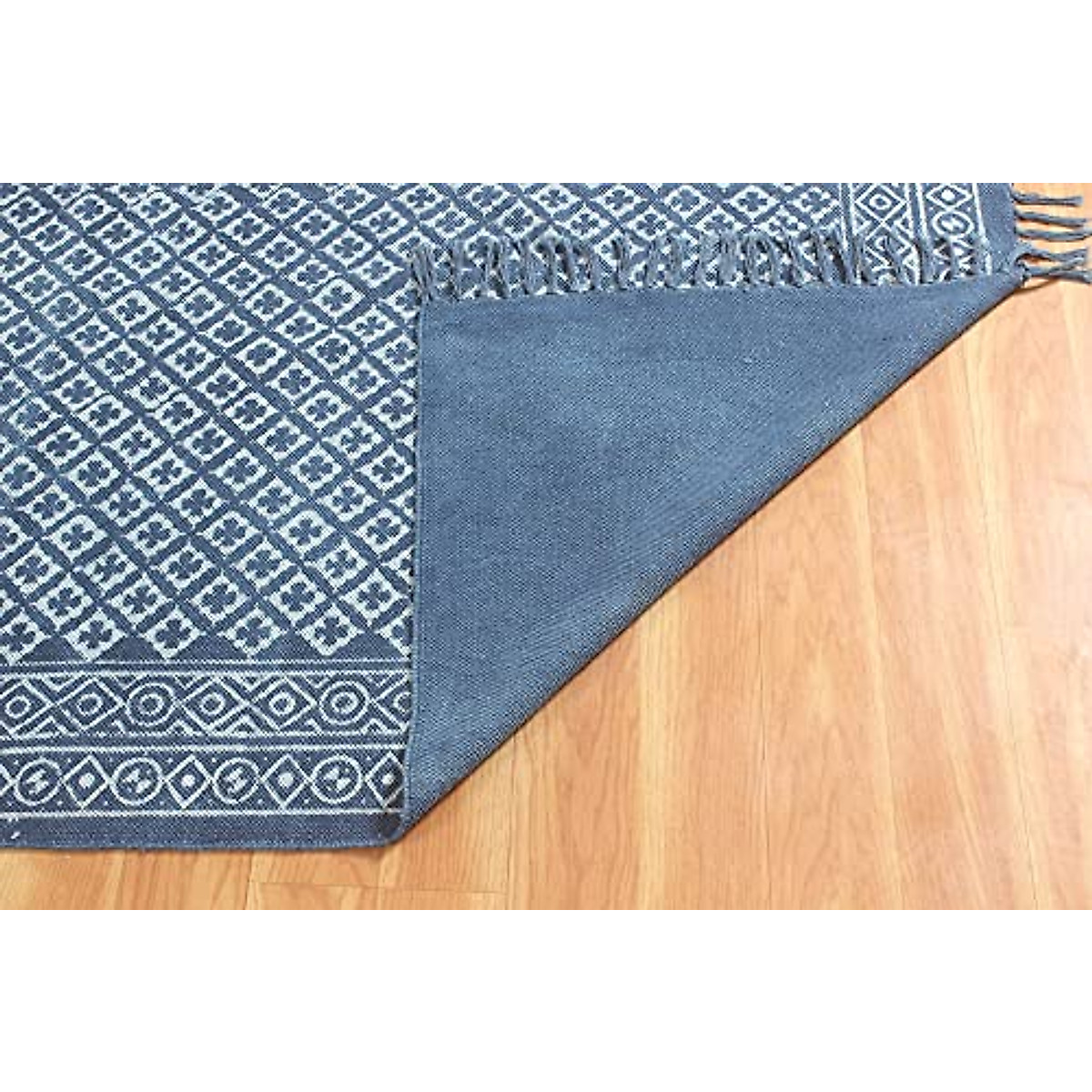 Indigo Blue Rug for Bathroom Handmade Cotton Durries Boho Kilim Rug Flat Weave Indoor Floor Decorative Rugs for Balcony Lounge Floor Bedroom Balcony
