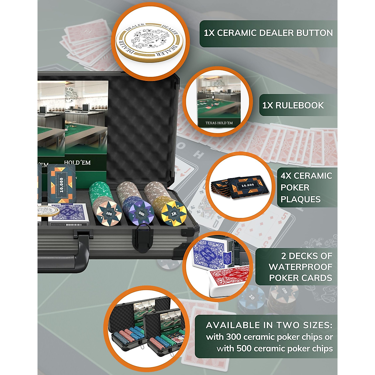 Bullets Playing Cards Poker Sets with Case - Versatile Denominations for Poker, Blackjack, & Casino Games - Durable & Complete Set - Poker Case with 300 Ceramic Poker Chips 'Paulie' with Values