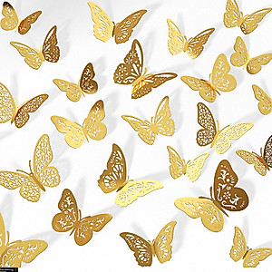 Crosize 48 Pcs Gold Butterfly Decorations, 4 Styles 3 Sizes, Butterfly Wall Decor, 3D Butterfly Party Decorations, Butterflies for Crafts, Bouquet, Cake Decorating, Flower Arrangements, Room Décor