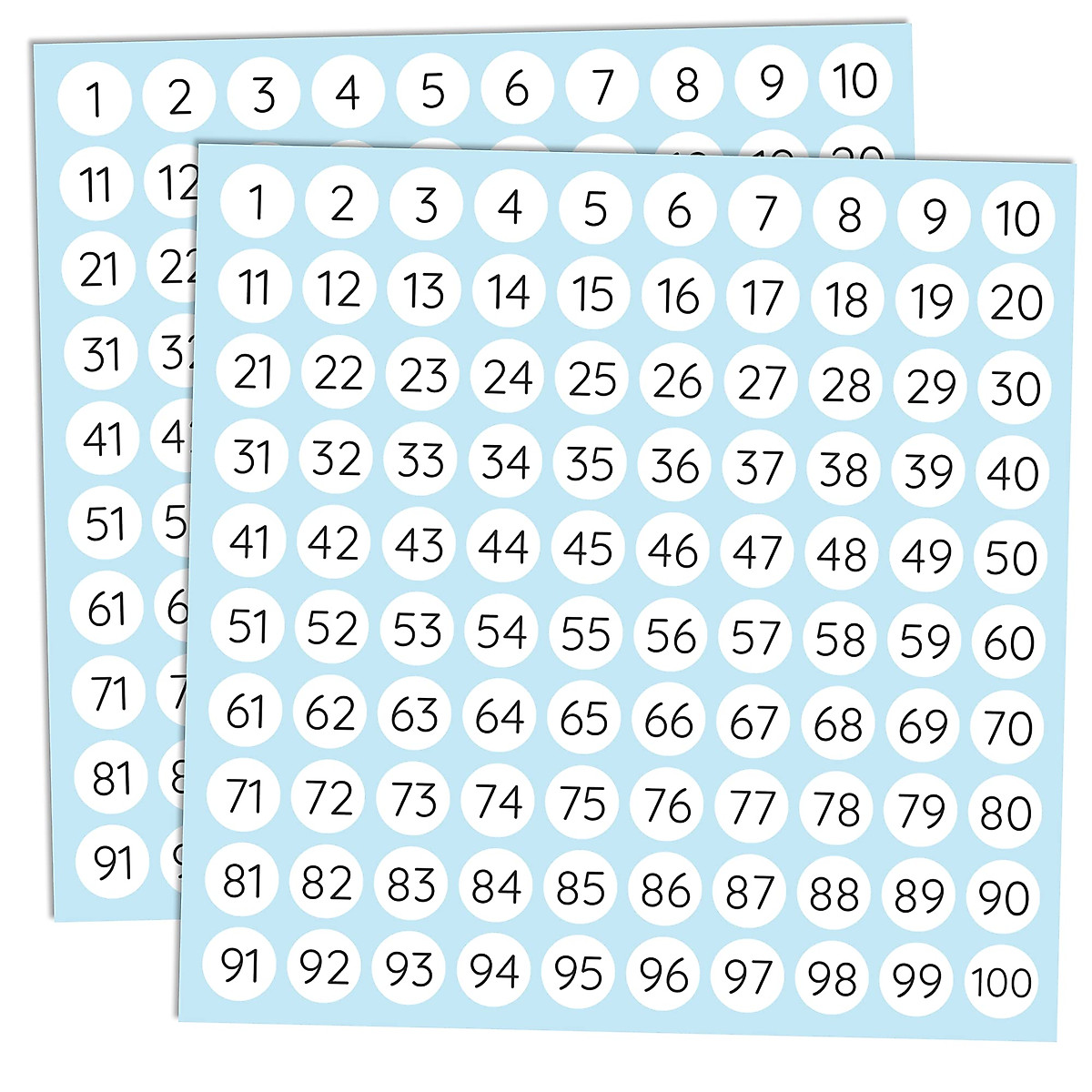 25 Sheets, 1 to 100, Number Stickers Labels - 0.4" Round, Pack of 2500