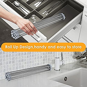 Bekhic Dish Drying Rack,Over The Sink Multipurpose Roll-Up Dish Drying Rack, Made of Heavy Duty Silicone Wrapped Steel Rods, Portable Dish Rack Dish Drainer Foldable