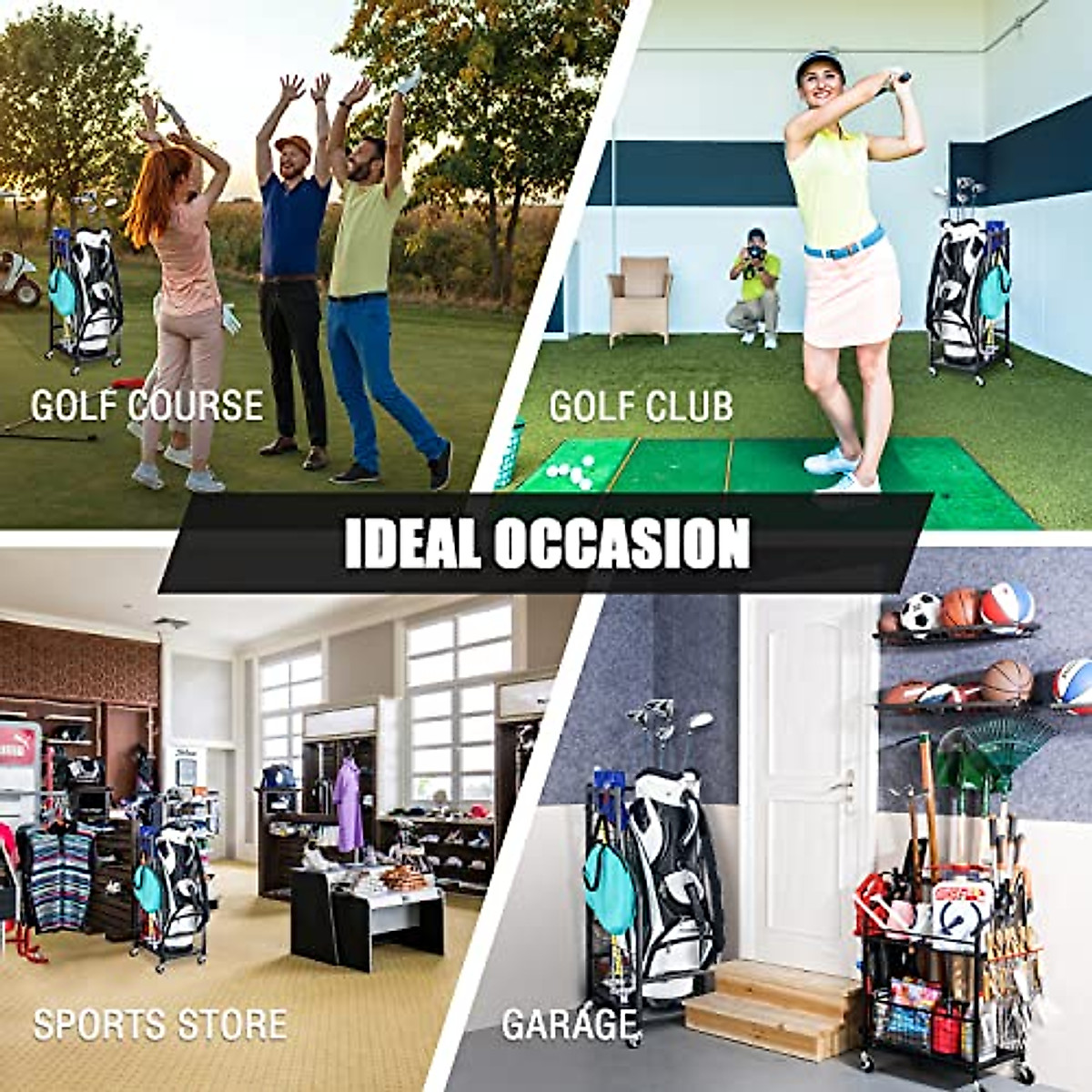 Mythinglogic Golf Bag Storage Organizer Rack-Golf Clubs Organization for Garage, Golf Bag Stand with Movable Hanging Hooks, Golf Equipment and Accessories Storage Racks for Garage,Shed,Basement