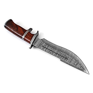Damascus Hunting Knife, Handmade Full Tang Knife - Wood Handle Knife, Hand Forged Fixed Blade Knife & Bowi Knife - Camping Knives & Hiking Knives, Rose Wood Handle - Leather Knife Sheath