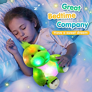 BSTAOFY 11'' Light Up Dinosaur Stuffed Animals Cute LED T-Rex Soft Plush Toy Glow in The Dark Gifts for Kids Boys Girls Valentines Birthday Holiday, Green