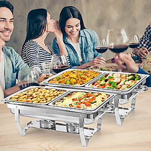 Fasmov Chafing Dish Buffet Set, 8 Quart Stainless Steel Catering Serve Chafer, Restaurant Food Warmer, Rectangular Buffet Stove with 2 Half Size Food Pans and Folding Frame