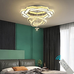 W24 Modern Crystal Chandeliers 3 Rings Pendant Light Fixtures Elegant Pendant Chandelier Flush Mount for Bedroom Living Room Dining Room Hallway Large Ceiling LED Dimmable 2700K-4500K-6000K
