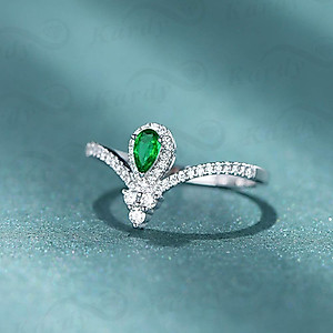 Amazing Elegant Deep V Shape Natural Emerald Gemstone Diamond Solid 14K White Gold Engagement Wedding Promise Ring for Women