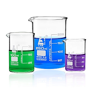 EISCO Premium 3pc Glass Beakers Set, 50mL, 100mL, 250mL - Low Form Lab Beakers - Borosilicate 3.3 Glass - Packaged in Thick, Custom-Fit Foam Insert