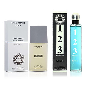 META-BOSEM Easy Miami+123 Degrees Men's Cologne Collection, Eau de Toilette Natural Spray - Fresh Woody Scents - Holiday Gift Set (Pack of 2) Each 3.4 Fl Oz, Total 6.8 Fl Oz