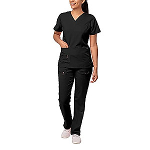 Adar Pro Breakthrough Plus Scrub Set for Women - Enhanced V-Neck Top & Multi Pocket Pants - 4400 - Black - S