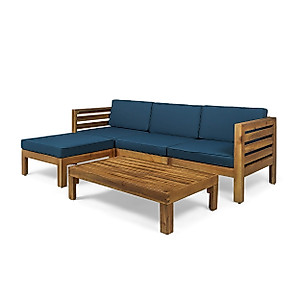 Christopher Knight Home Alice Outdoor 5 Piece Acacia Wood Sofa Set, Teak Finish, Dark Teal