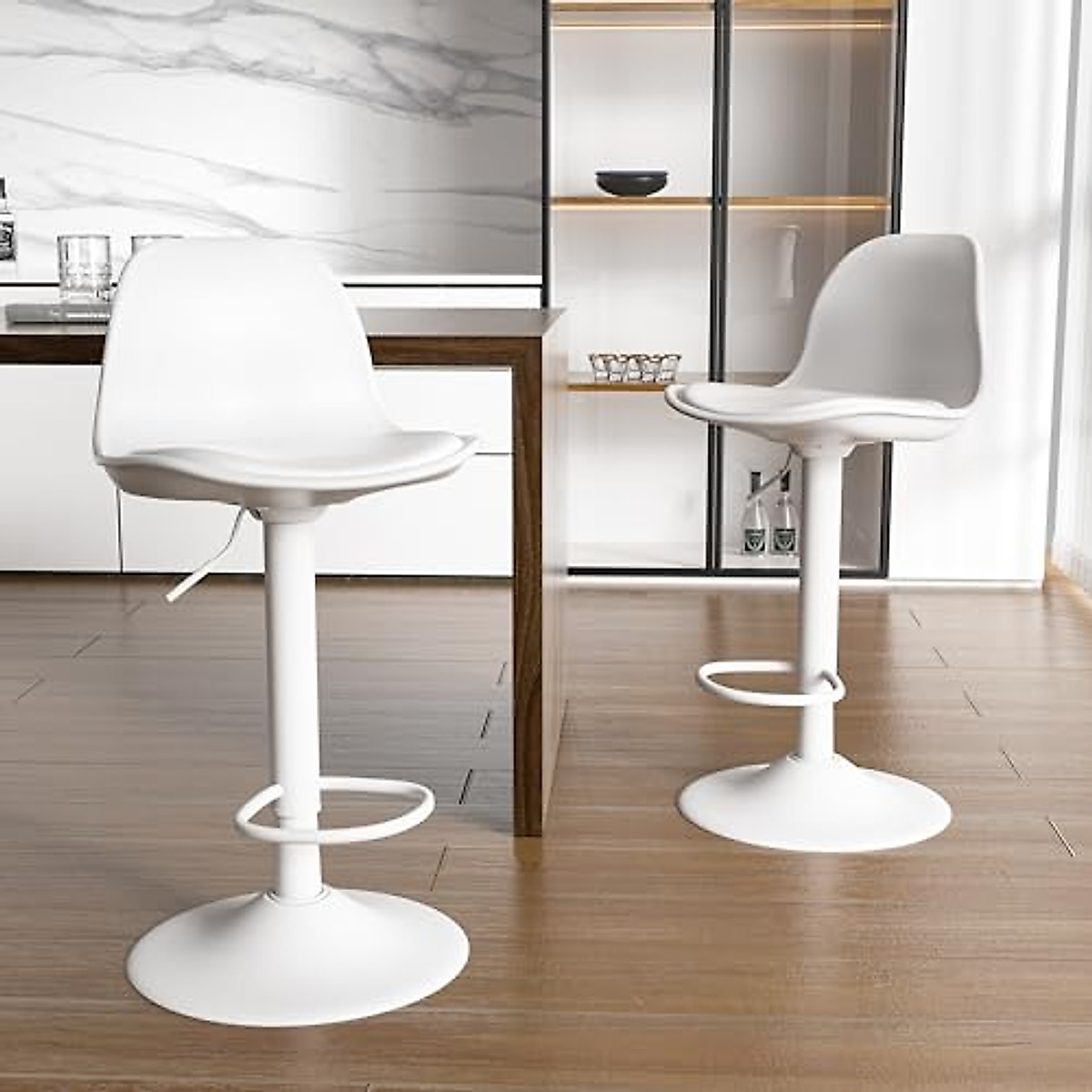 Miereirl Bar Stools Set of 2 Morden Height Counter Bar Stools with Polypropylene Back and Leather Seat，Swivel Adjustable Stool Chair for Home Kitchen Island-White