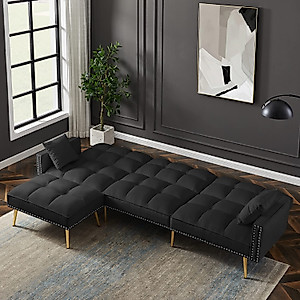 Modern Sectional Sofa with Reversible Chaise Lounge, L-Shaped Couch with 2 Pillows for Living Room Apartment (Black-L)