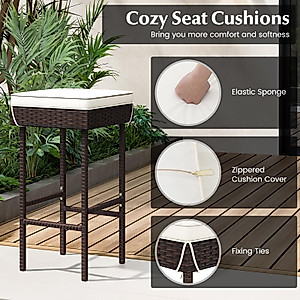 Tangkula Patio Rattan Barstools Set of 2, Outdoor Wicker Bar Height Chairs with Footrest & Soft Cushions, Heavy-Duty Metal Frame, Cushioned Barstools for Backyard, Balcony
