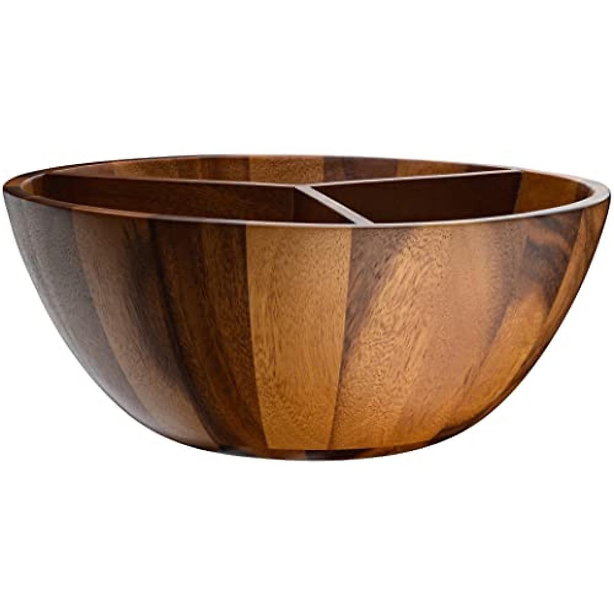 EVERGRO SEQUOIA & CO Wooden Bowl Triple Divided Salad Bowl - 14" Large Acacia Wood Serving Bowl for Food, Fruit, Popcorn - Round Hardwood Divided Bowls for Rustic, Modern Home & Kitchen Counter Décor