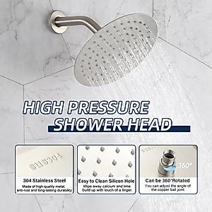 POP SANITARYWARE Shower System Brushed Nickel Bathroom Rainfall Shower Faucet Set Complete Wall Mounted 8 Inch Shower Head and Handle Set with Rough-in Valve Body and Trim Kit