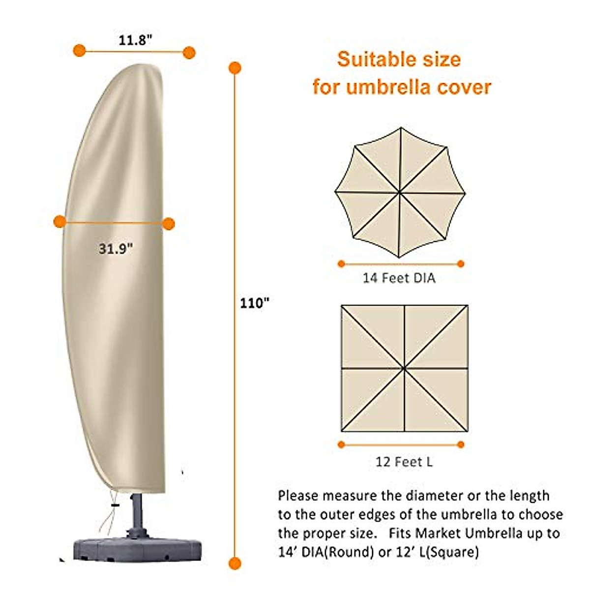 Patio Cantilever Umbrella Covers for Outdoor: Waterproof Offset Umbrella Cover Banana Style with Zipper fits 9FT to 14FT, Khaki