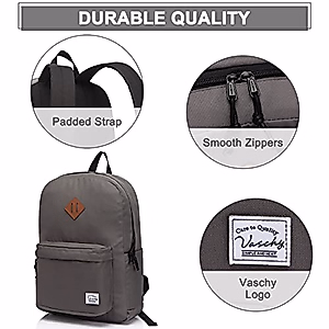 VASCHY Lightweight Backpack for School, Classic Basic Water Resistant Casual Daypack for Travel with Bottle Side Pockets (Gray)