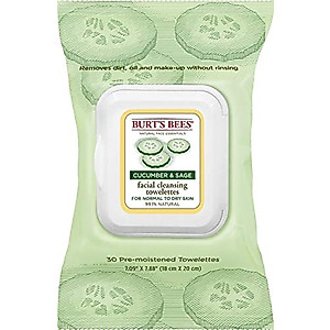 Burt's Bees Facial Cleansing Towelettes, Cucumber and Sage, 30 Count (Pack of 6)