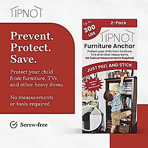 TipNot Furniture Anchor, No-Tools-Required Furniture Wall Anchor to Protect Valuables and Keep Your Home Childproof and Babyproof, Holds Up to 300 Pounds, 2-Pack