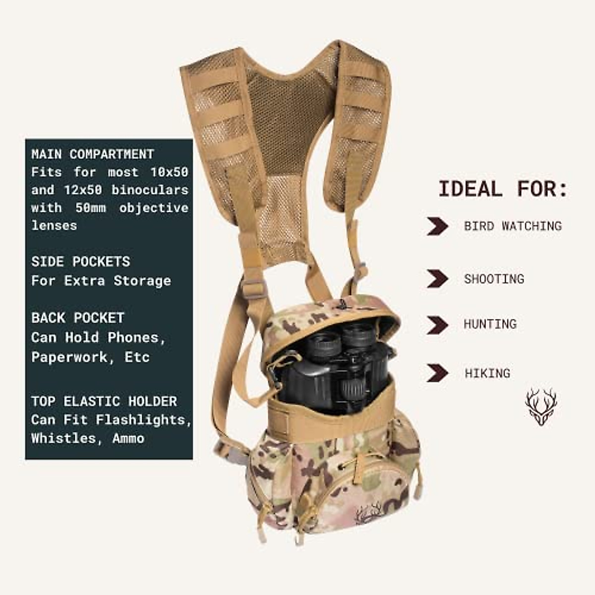 Boundless Performance Binocular Harness Chest Pack - Our Bino Harness case is Great for Hunting, Hiking, and Shooting - Bino Straps Secure Your Binoculars-Holds rangefinders, Bullets, Gear - Multicam