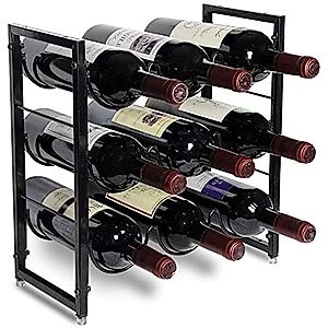 POPKU 9-Bottles Wine Rack - 3 Tier Stackable Wine Holder for Bottles - Classic Style Wine Shelf for Pantry, Perfect for Bar, Wine Cellar, Basement, Cabinet, Pantry, etc - Metal (Black)