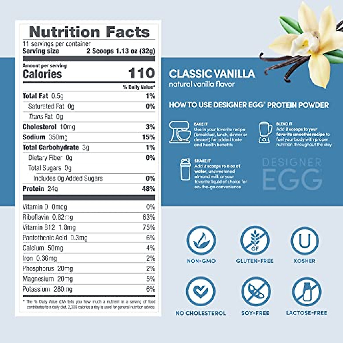 Designer Wellness, Designer Egg, Natural Egg Yolk & Egg White Protein Powder, Keto and Paleo Friendly, Low Calorie, Less Fat and Cholesterol, Classic Vanilla, 1.55 Pound