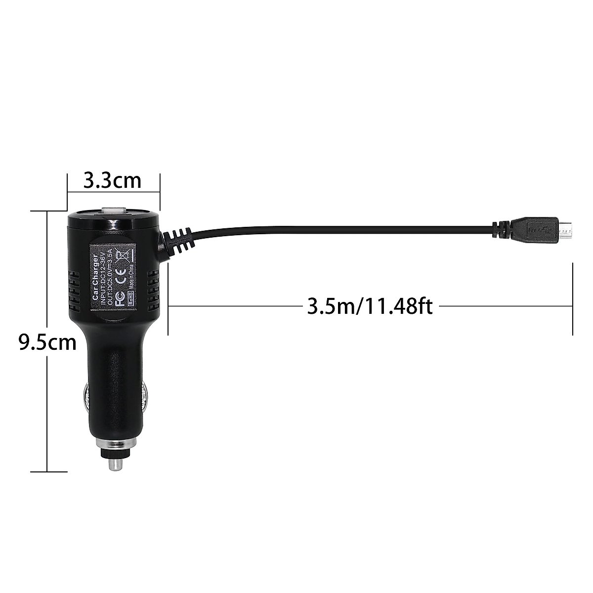 RIIEYOCA Dash Cam Micro USB Power Cable, with Switch USB 5V 2.4A Port, for Most Dash Camera and GPS Navigation, Compatible with USB Port Devices（Cable:11.48ft）