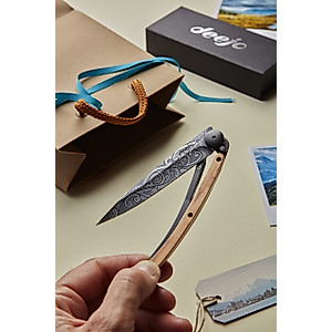 deejo - Serrated 1.3 OZ, Olive Wood, Black Titanium, Pacific - Ultra-Light Pocket Folding Knife with a Belt Clip - Stainless Steel Z40C13