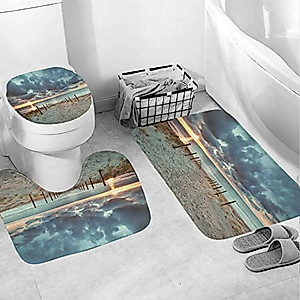 Tropical Ocean Summer Coastal Nautical Beach Theme bathroom Decor 4 Pcs Blue Shower Curtain Sea Sets, Sharks and Dolphins Durable Shower Curtain Toilet Lid Cover and Bath Mat with 12 Hooks, 72" x 72"