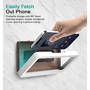 MoKo Shower Phone Holder, Waterproof Phone Wall Mount for Bathroom Bathtub Kitchen with Touchable Screen Wall Stickers Fit with iPhone 14/14 Pro, Galaxy S21, Smartphone up to 6.8", White & Chocolate