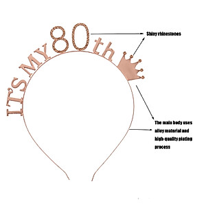 80th Birthday Tiara and Sash for Women, Crystal Headpiece Birthday Crown Party Supplies, Women's Birthday Gifts(Rose Gold)