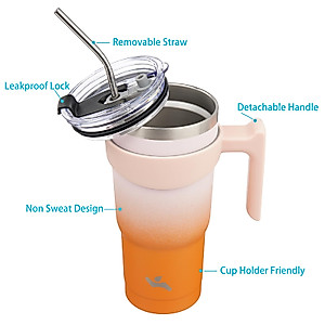 Konokyo 20 oz Tumbler with Handle and 2 Straw 2 Lid, Insulated Water Bottle Stainless Steel Vacuum Cup Reusable Travel Mug,Coral